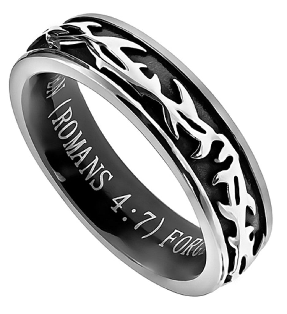 Crown Of Thorns Forgiven Ring, Stainless Steel, Christian Bible Verse ...